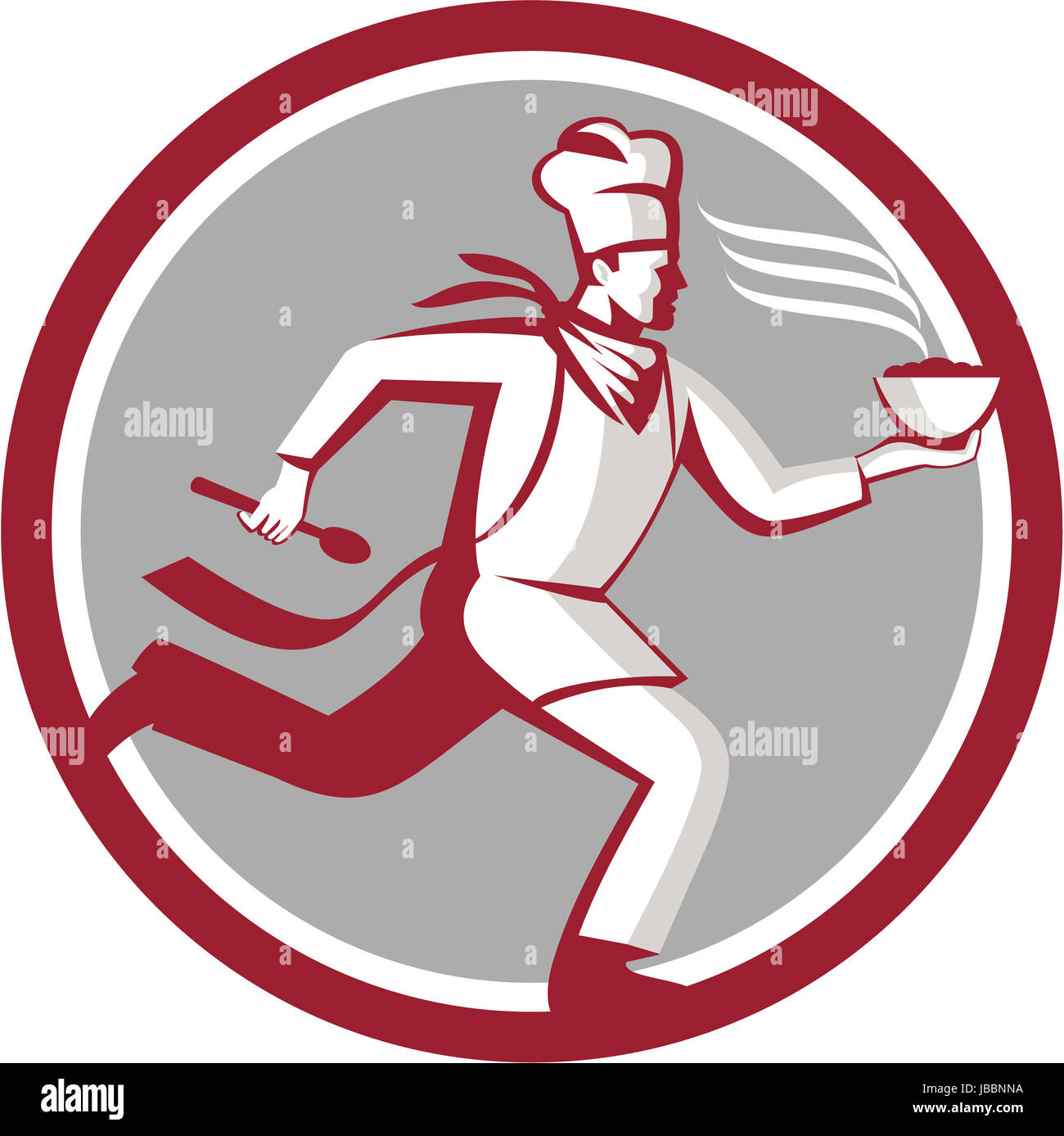 Illustration of a chef, cook or baker running serving hot food bowl set ...