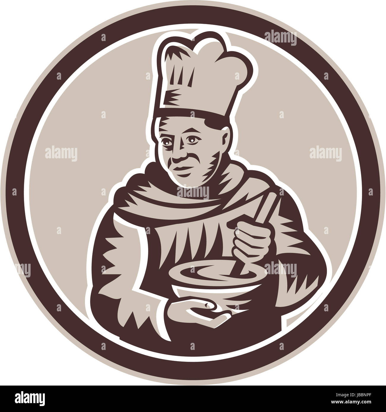 Illustration of a chef, cook or baker food in bowl facing front set ...