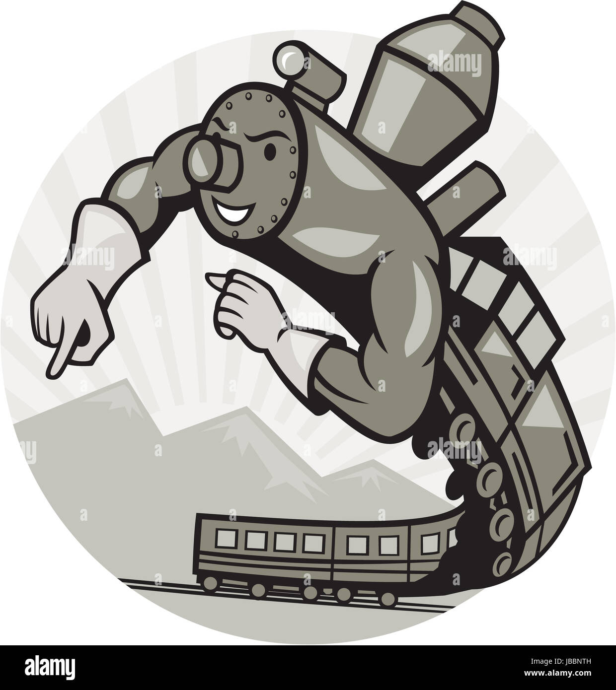 Illustration of a Super hero steam train locomotive man flying up done ...