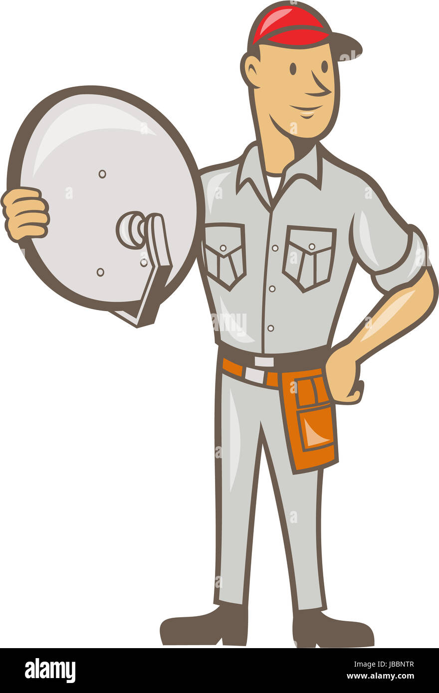 Illustration of a cable tv installer guy holding satellite dish viewed ...