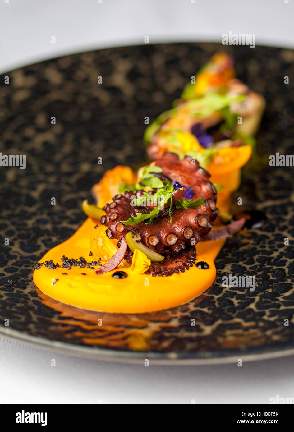 Tentacles of an octopus on a mango puree, restaurant serving of a dish ...