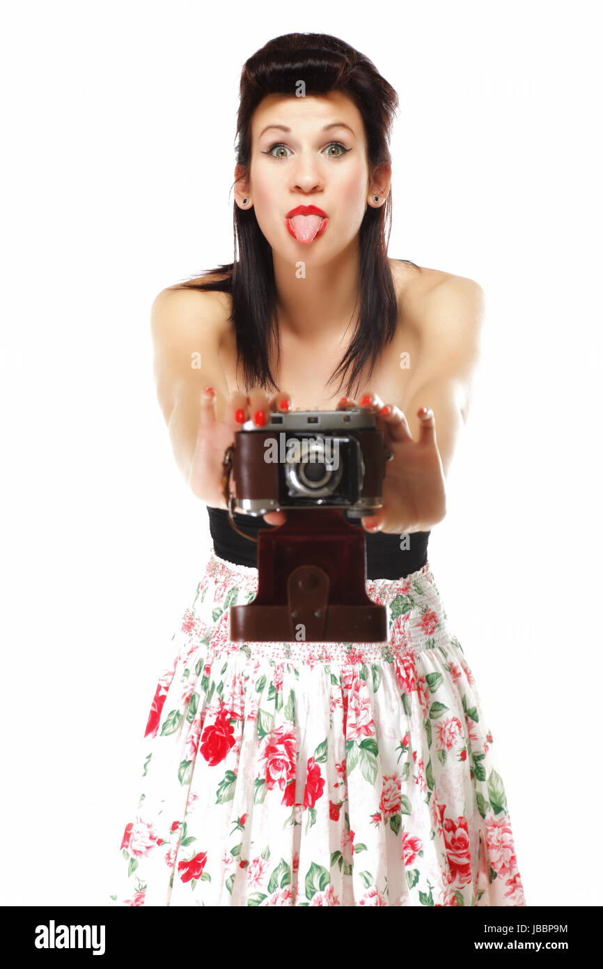 pretty retro summer girl taking picture using vintage camera white ...