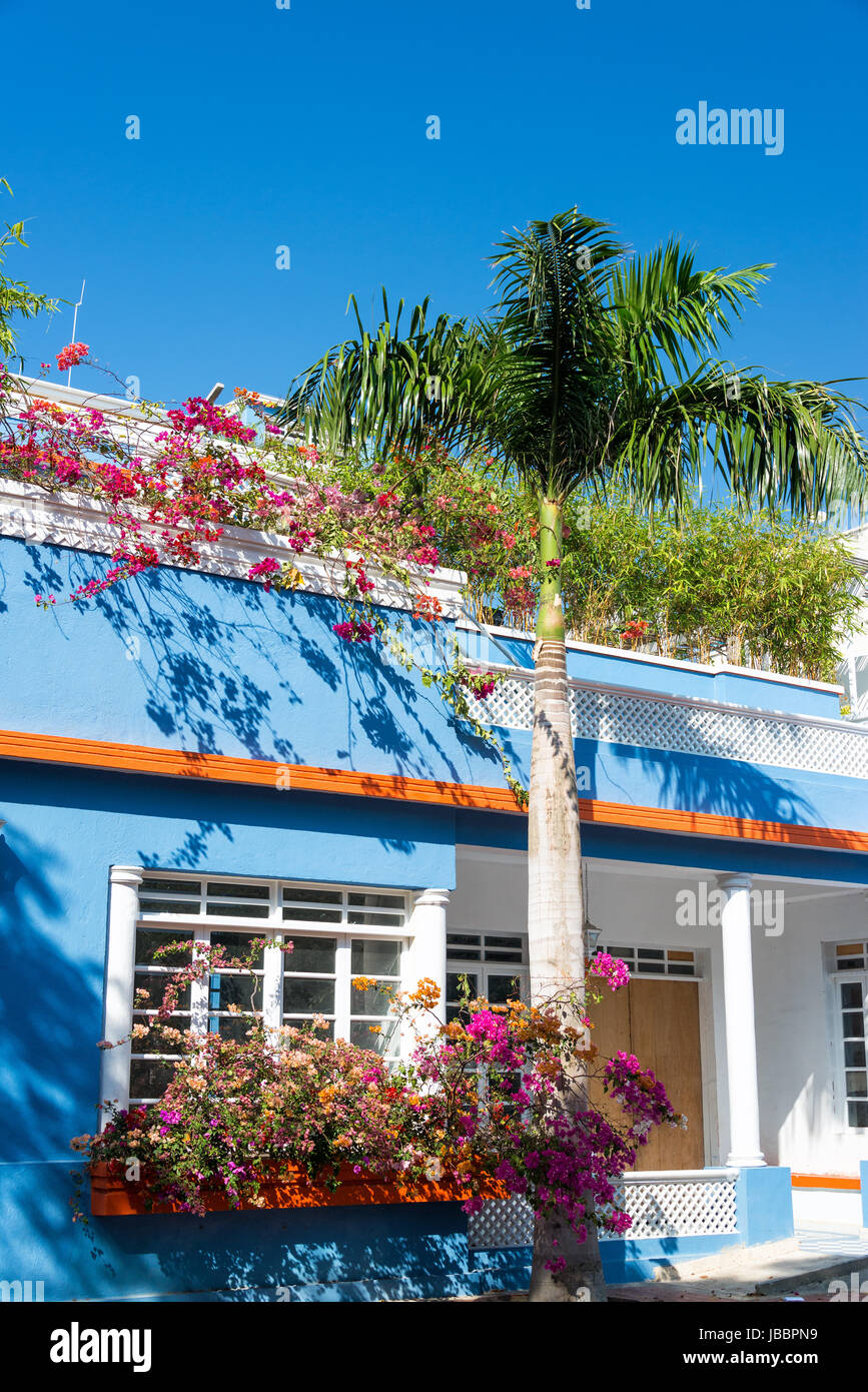 Blue house in Santa Marta, Colombia with blue sky and color flowers and ...