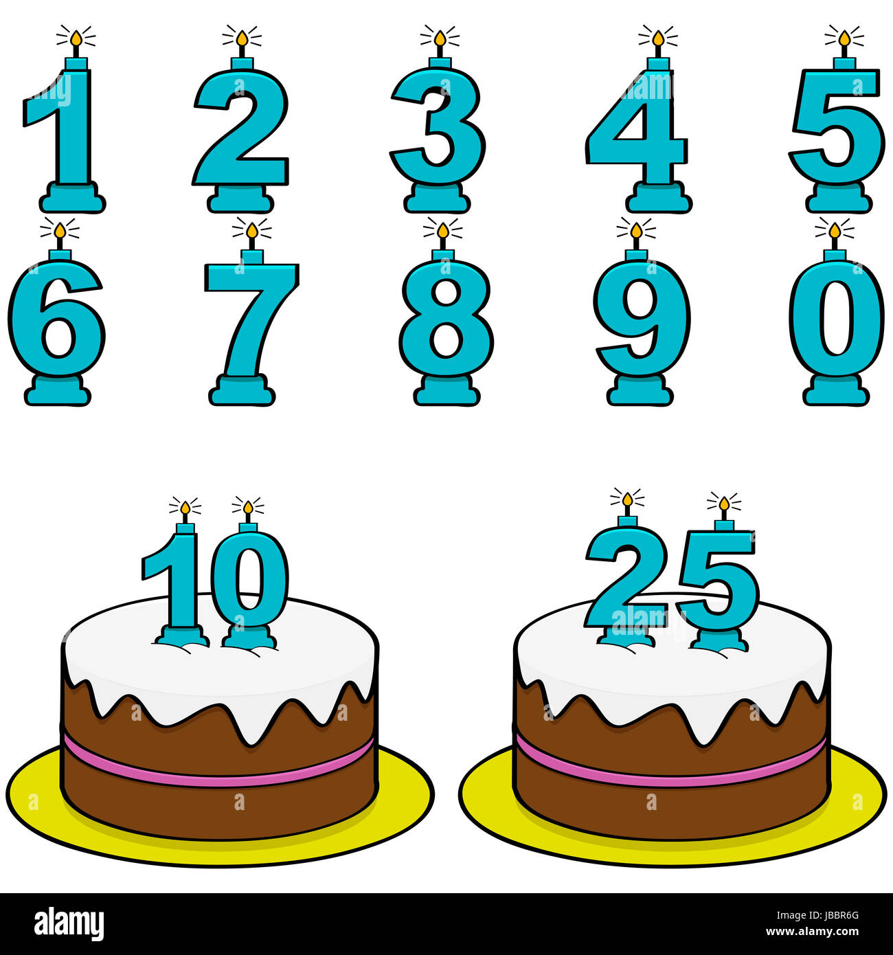 Cartoon illustration showing a cake and candles from 0 to 9 to form ...
