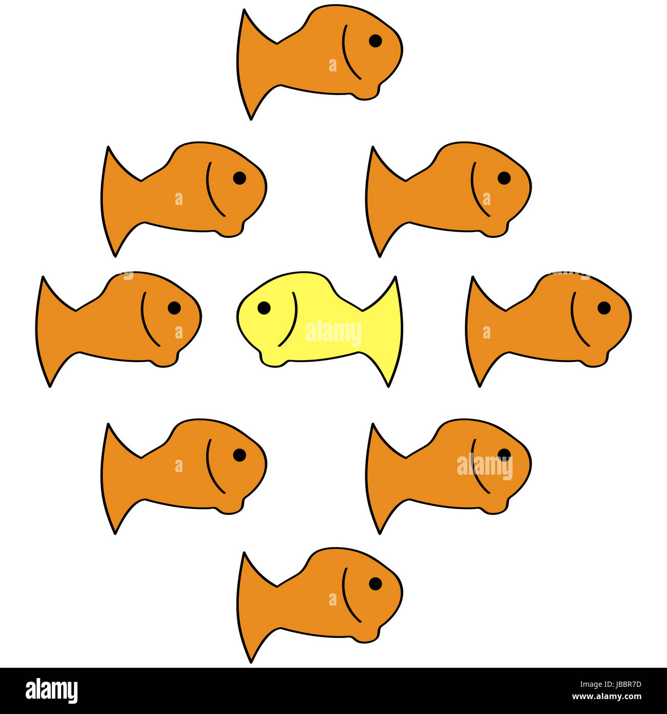 Concept illustration showing a school of fish swimming in one direction ...