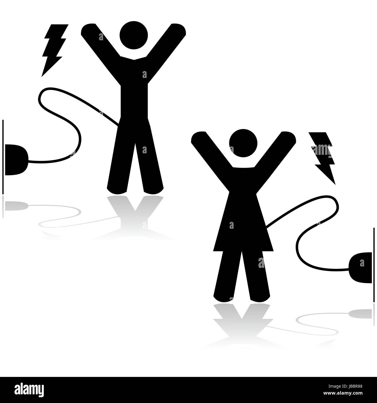 Concept illustration showing a man and a woman energized by being wired ...