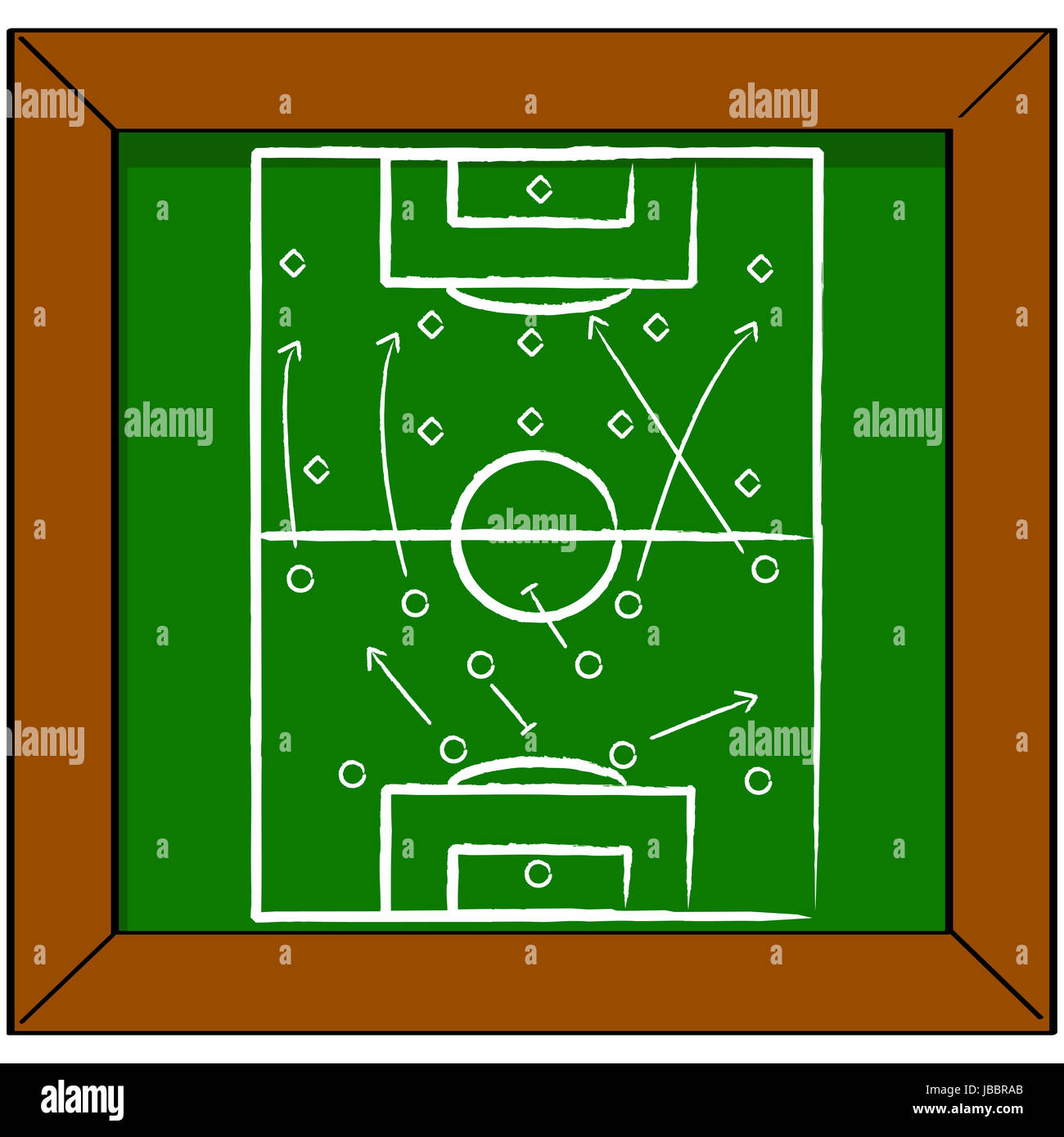 Cartoon illustration showing a soccer pitch drawn on a blackboard with ...