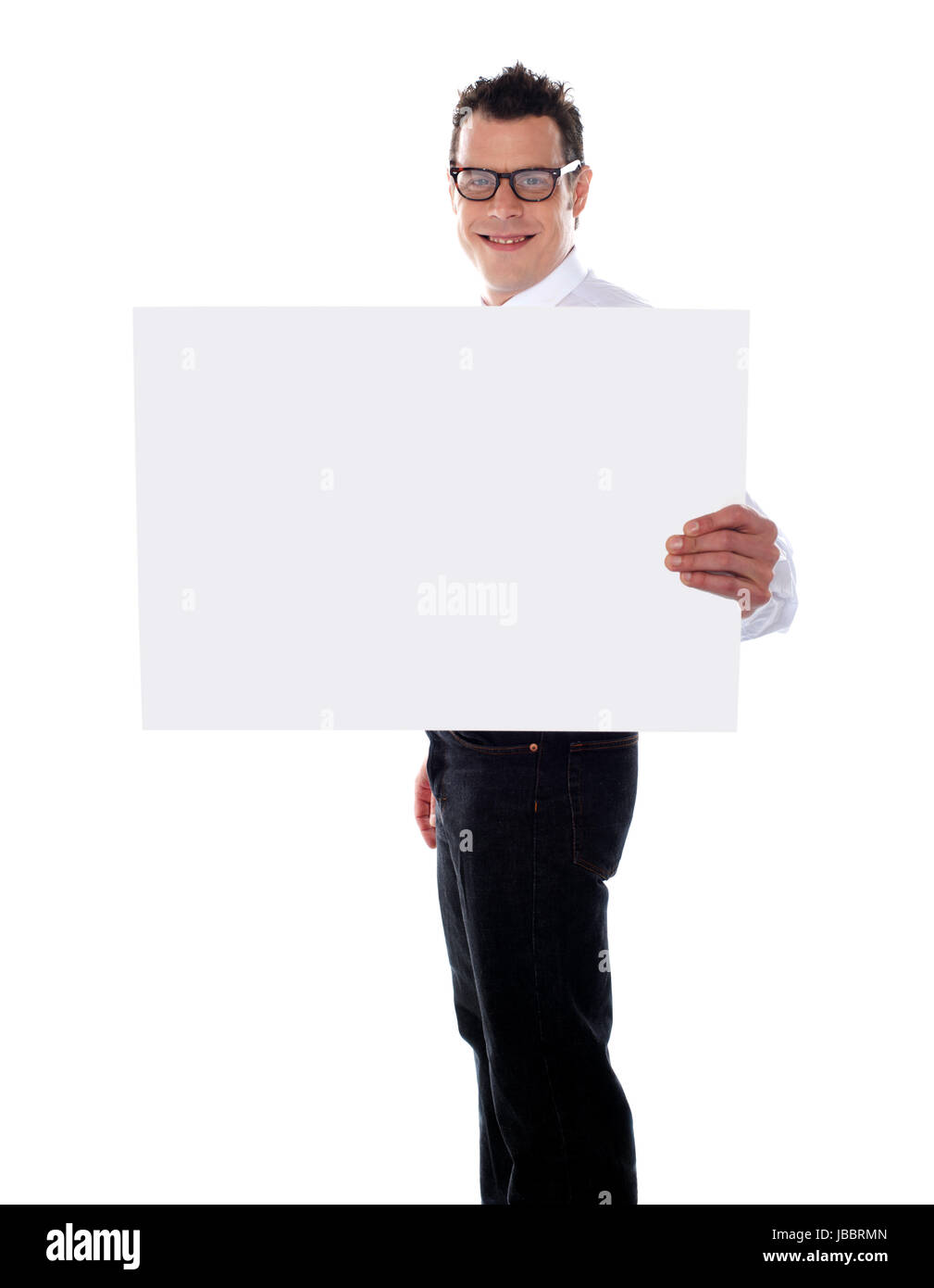 Smiling guy holding banner ad with one hand. All on white background ...