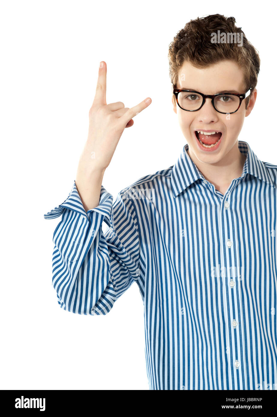 Excited boy with a trendy YO gesture against white background Stock ...