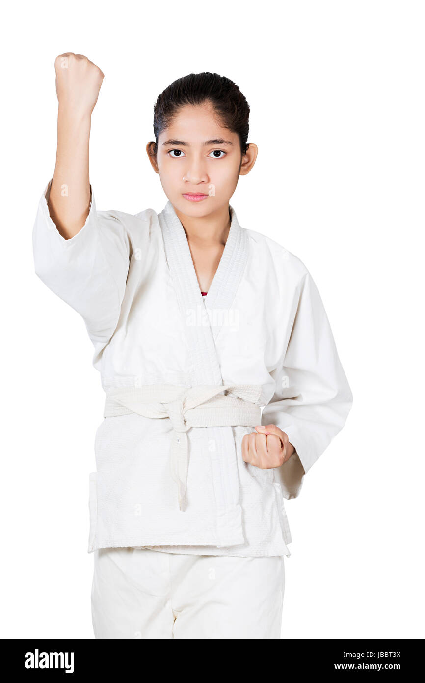 Martial art sport karate; Attitude Young Girl Student white kimono ...