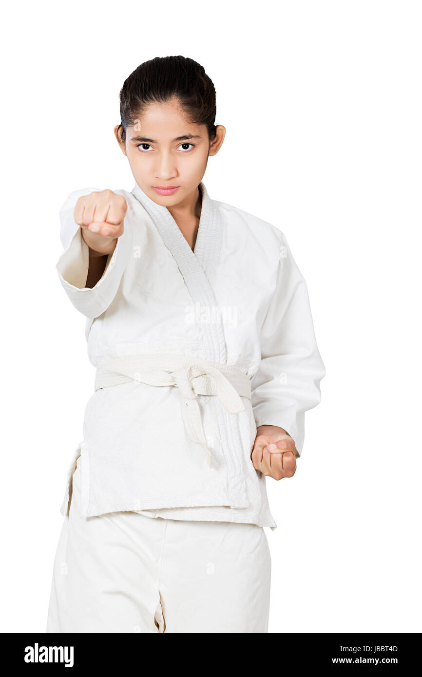 Attitude One Indian Young Girl athlete Practicing judo Standing On ...