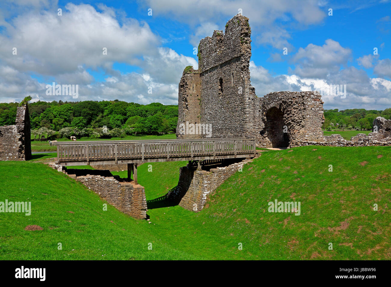 Remains of "Ogmore" castle alongside the "Ewenny" river showing its ...