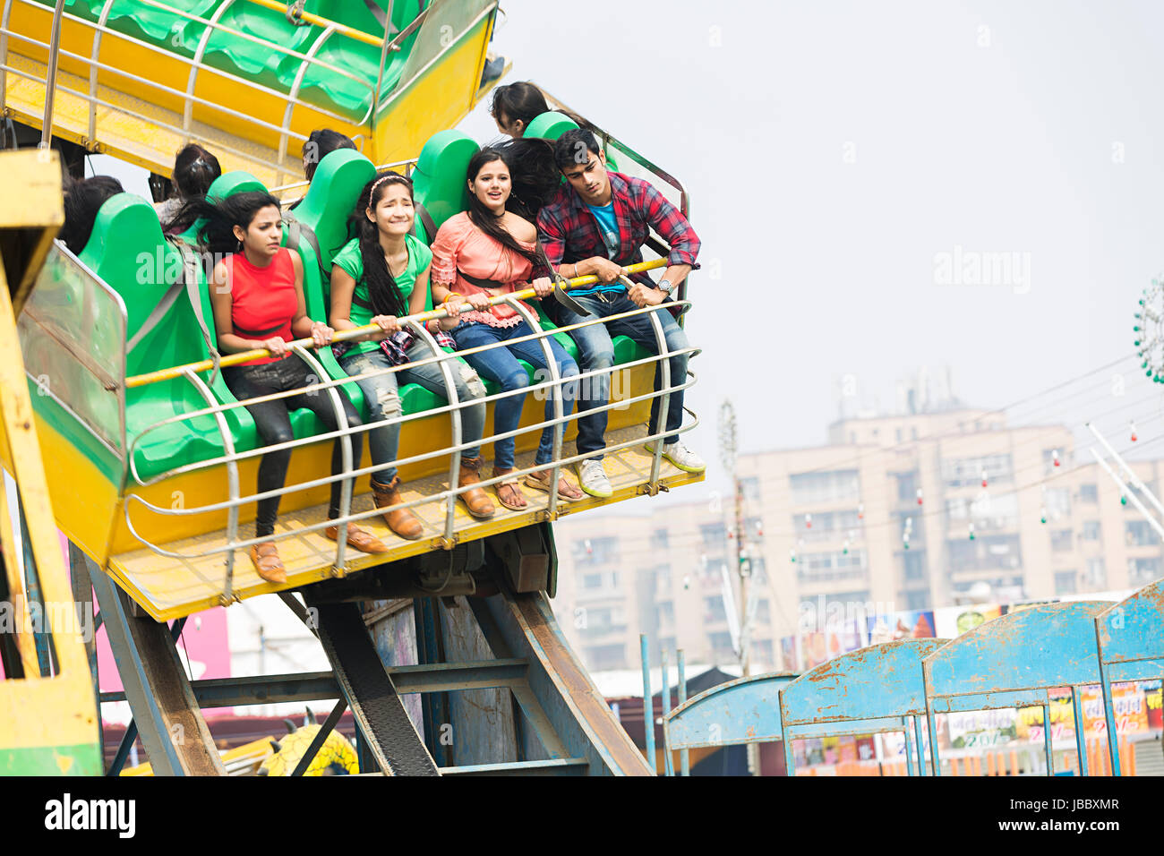 Happy Group Young Friends Riding Roller Coaster Enjoy Amusement Park ...
