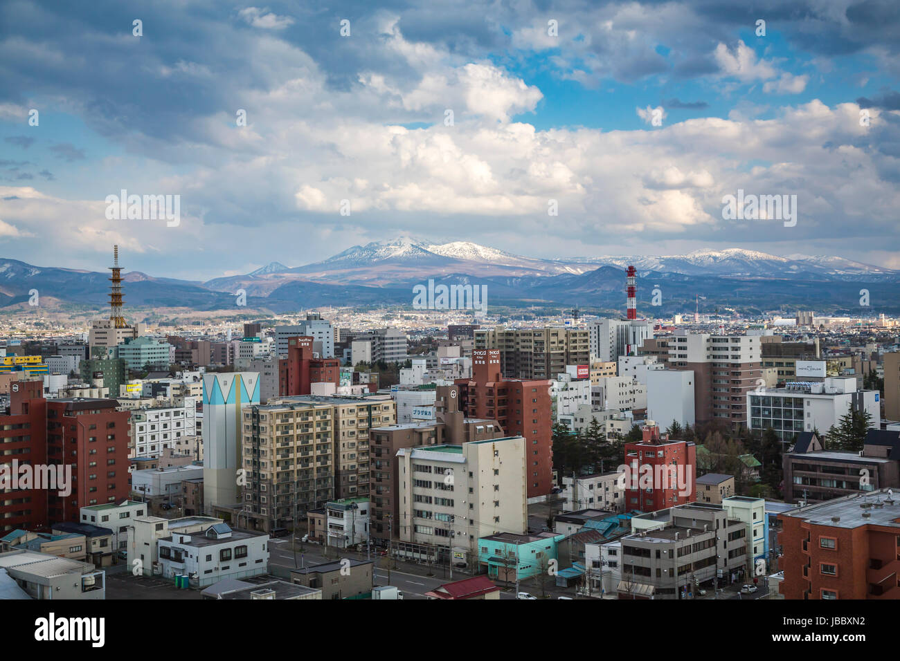 The city skyline of port city of Aomori, northern Japan, Tōhoku region ...