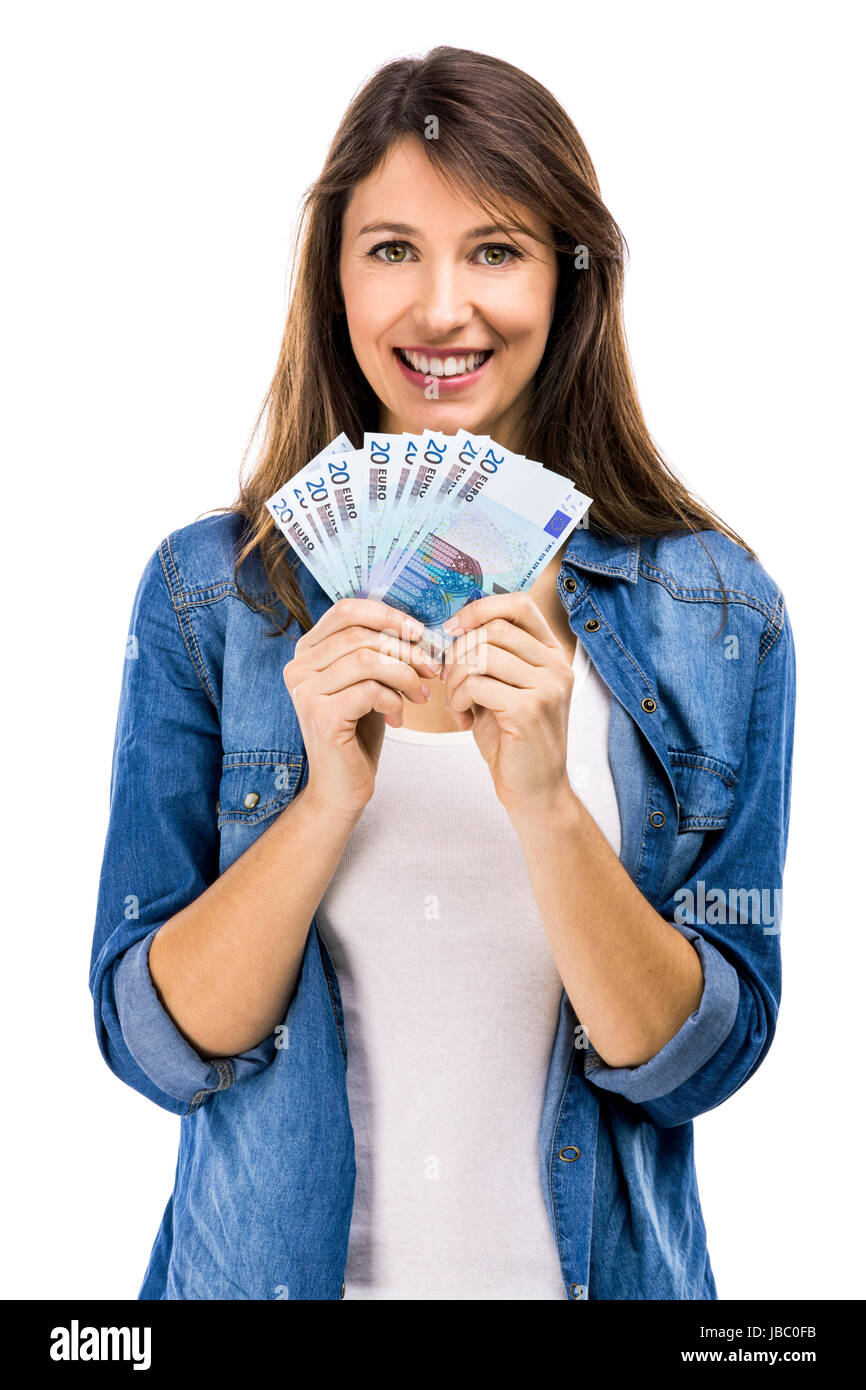 Beauitful woman holding some Euro currency notes, isolated over white ...