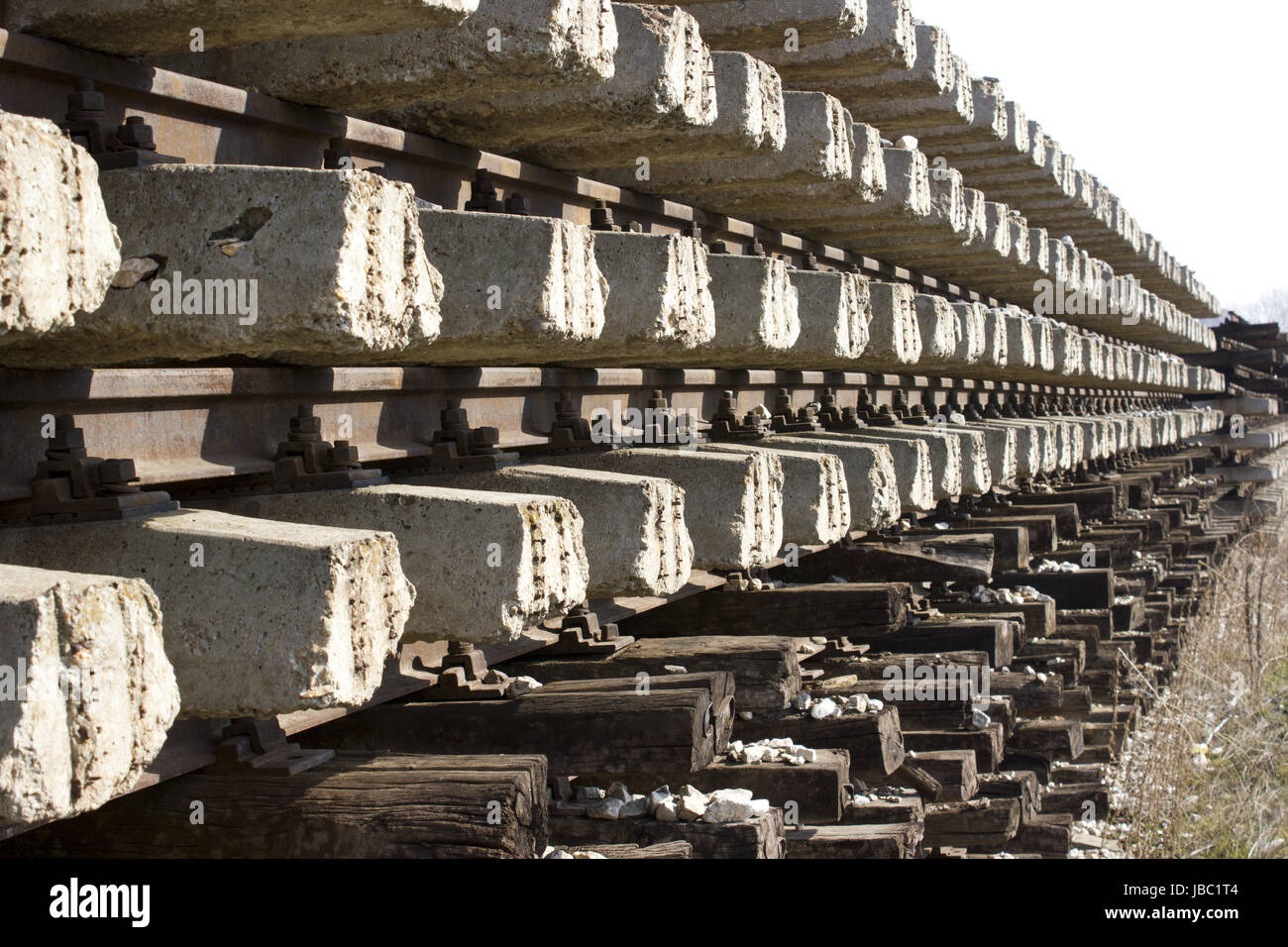 Railroad metal train tracks shot at perspective view Stock Photo - Alamy