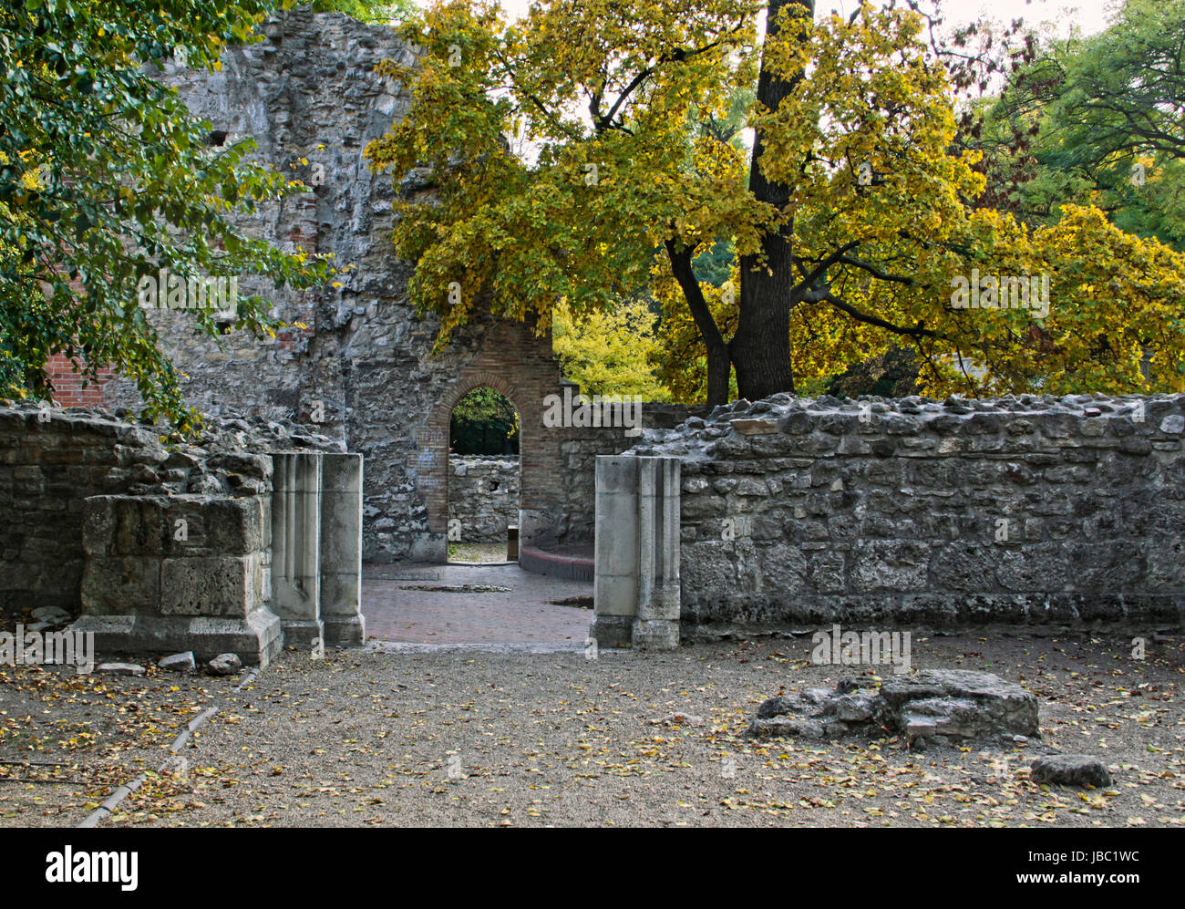 Medieval church ruins arched garden gate and trees Stock Photo - Alamy