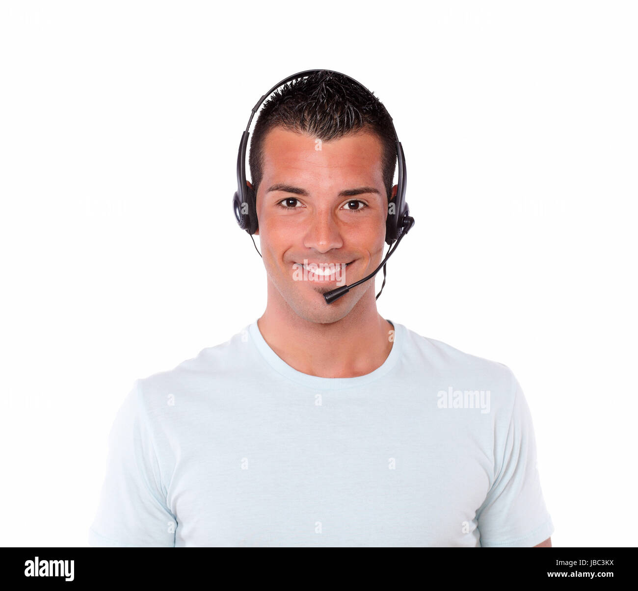 Portrait of an adult hispanic man on white t-shirt talking with ...