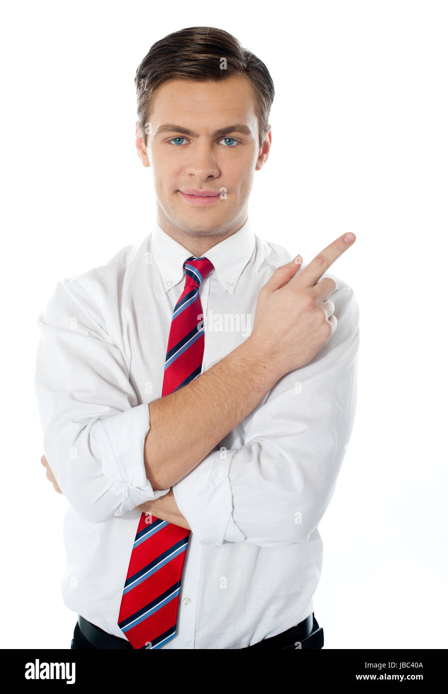 Smart businessperson pointing up over a white background Stock Photo ...