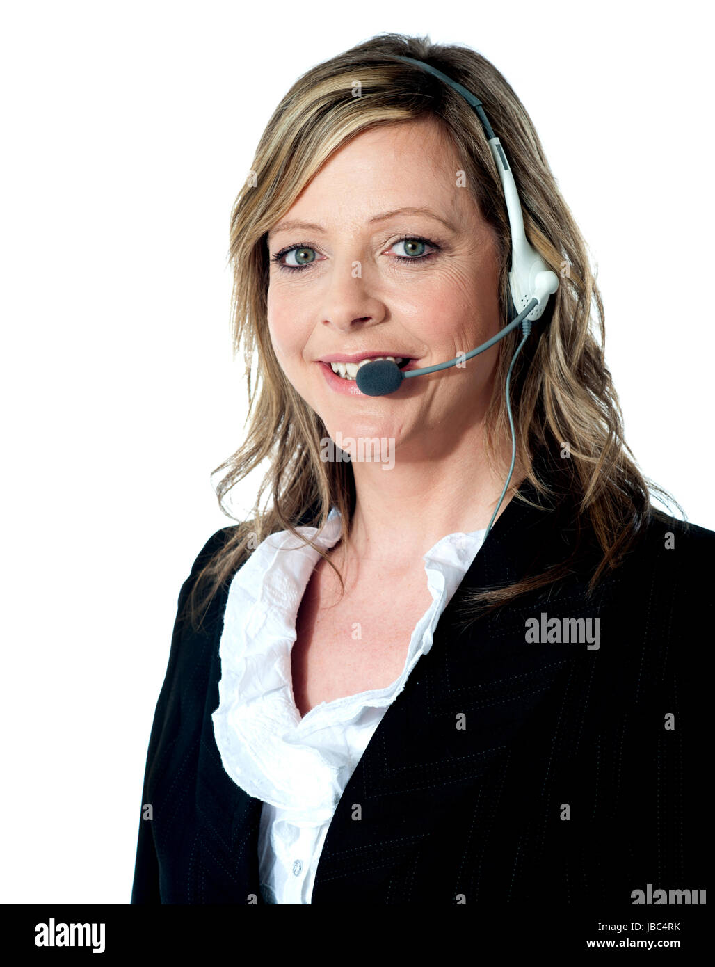Smiling female operator. Close up shot. All on white background Stock ...