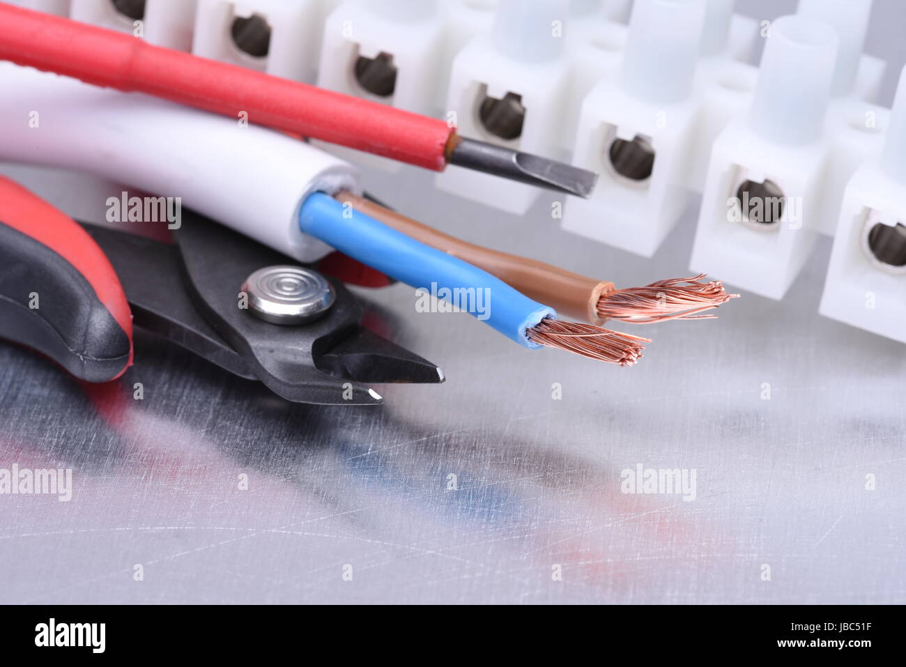 Tools and component kit to use in electrical installations Stock Photo ...