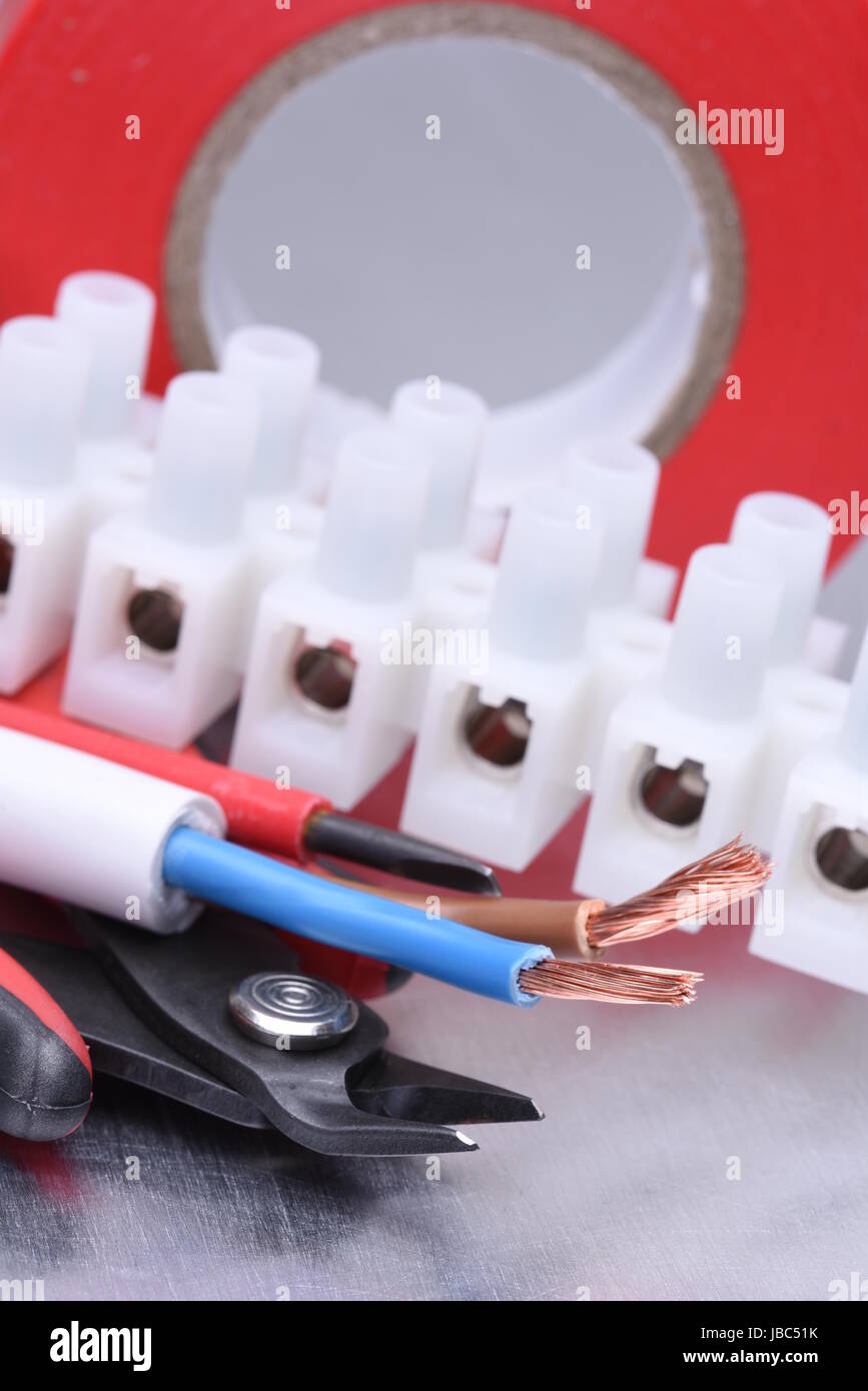 Tools and component kit to use in electrical installations Stock Photo ...