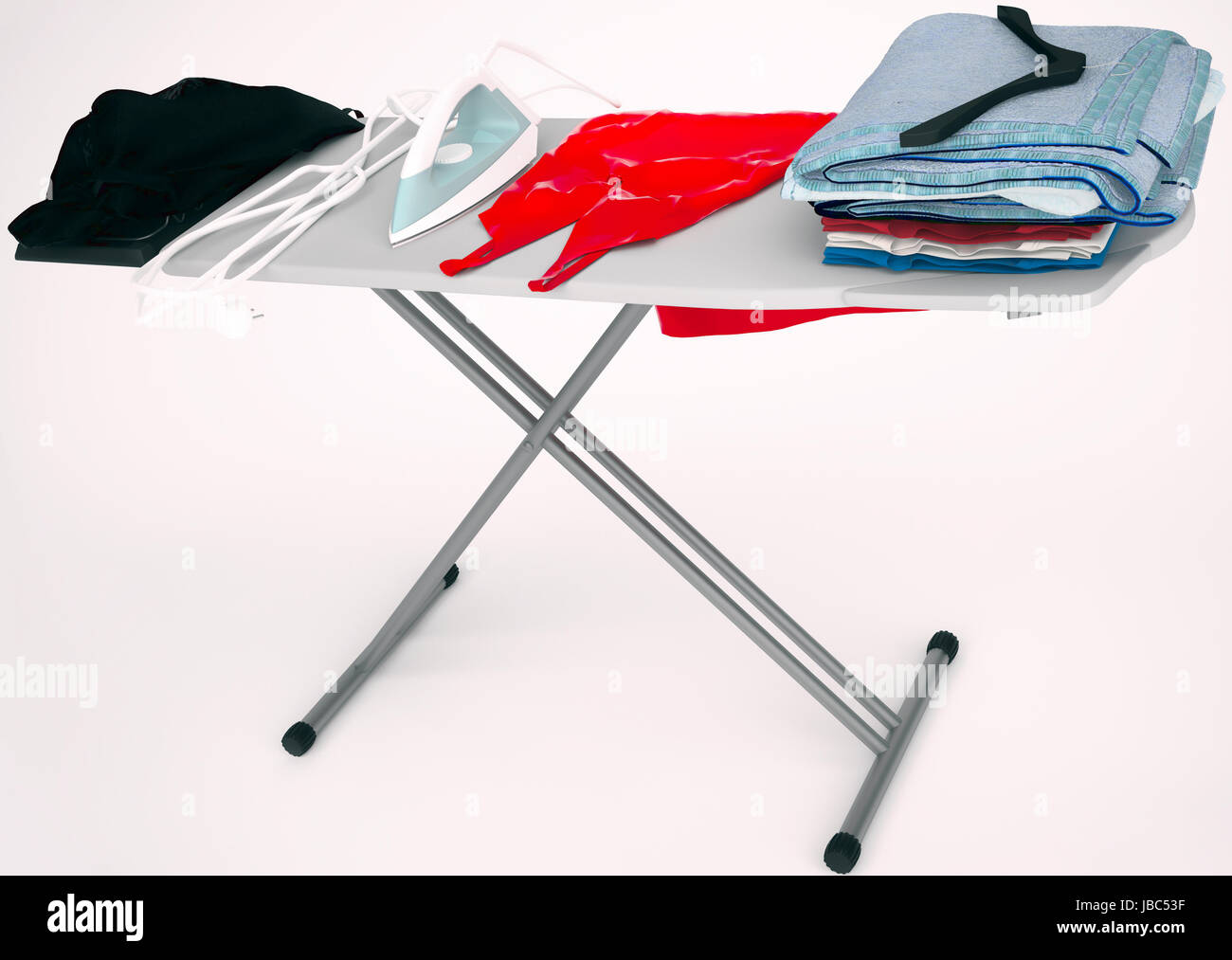 Iron, red dress and cotton stack of folded clothes on ironing board ...