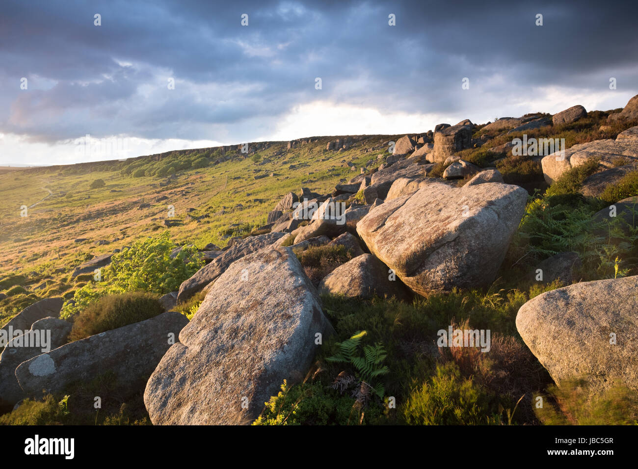 evening light over Burbage Rocks, Peak District, UK Stock Photo - Alamy