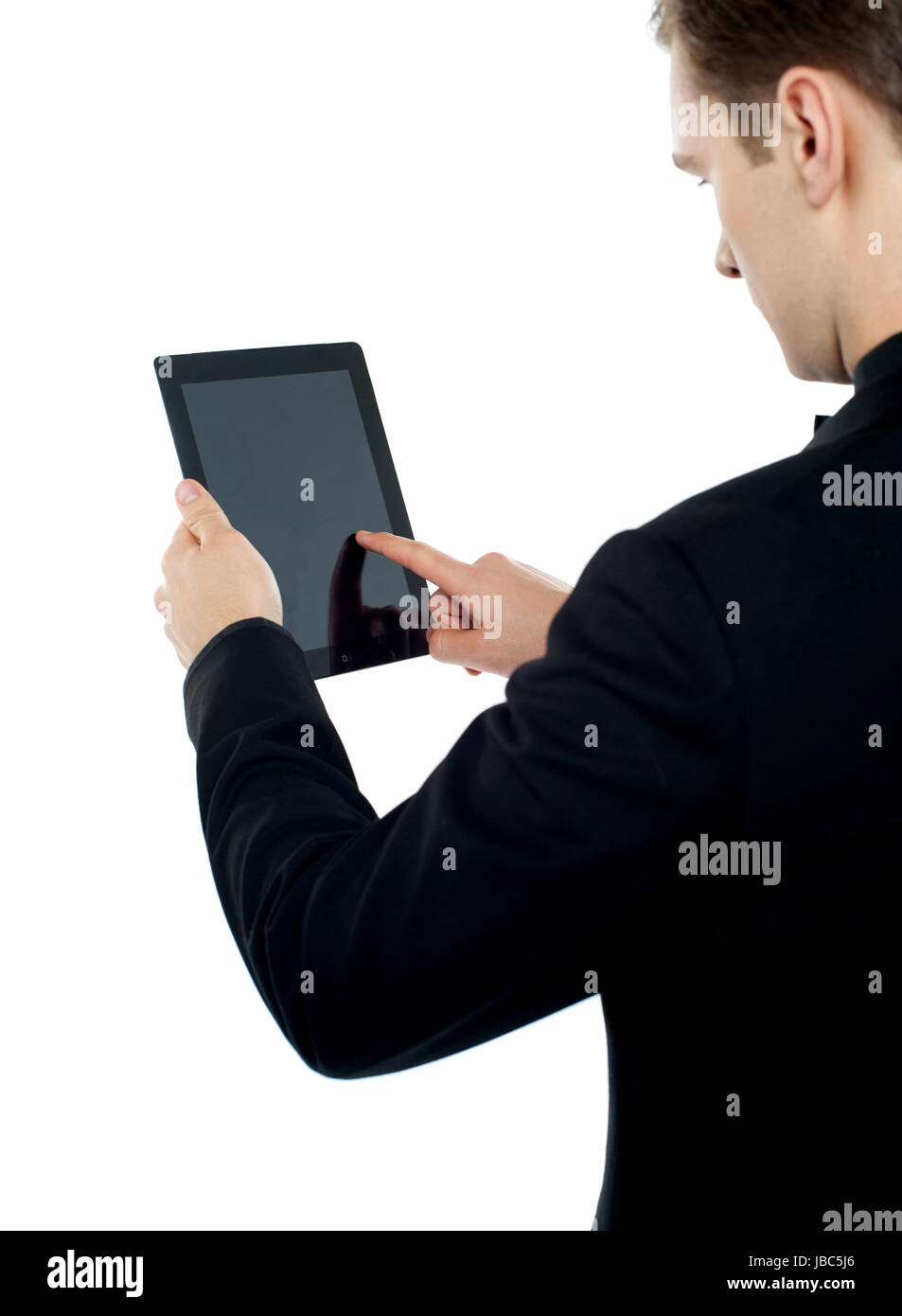 Man holding and pointing at screen of electronic digital frame Stock ...