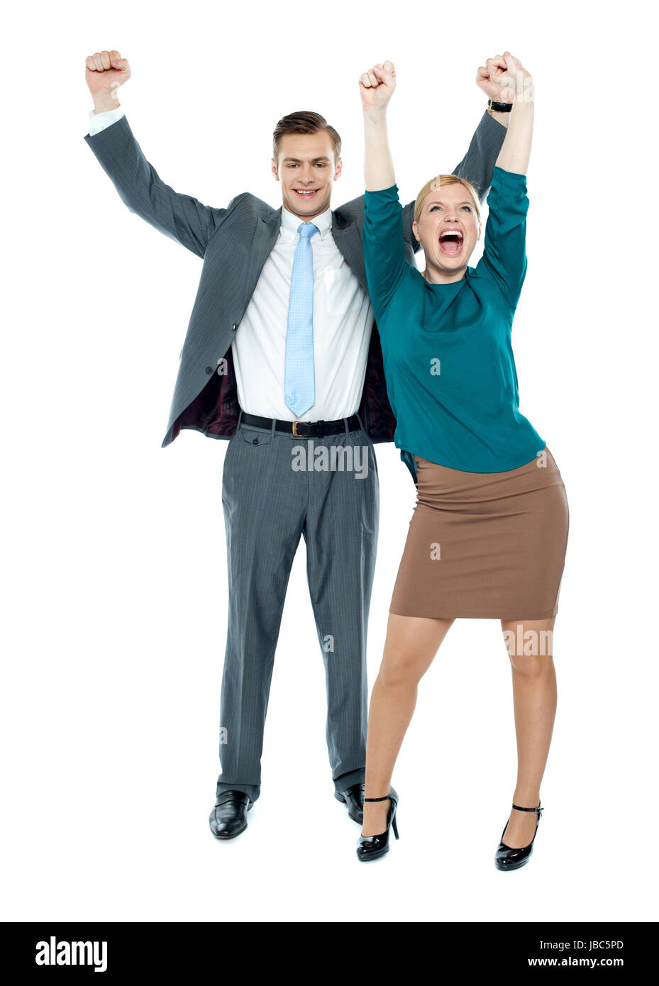 Excited business people celebrating success against white background ...