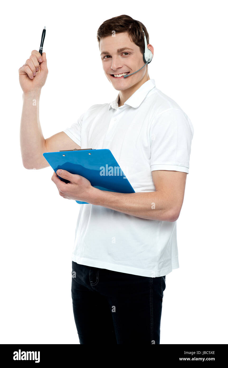 Male customer support executive assisting client though call. Holding ...