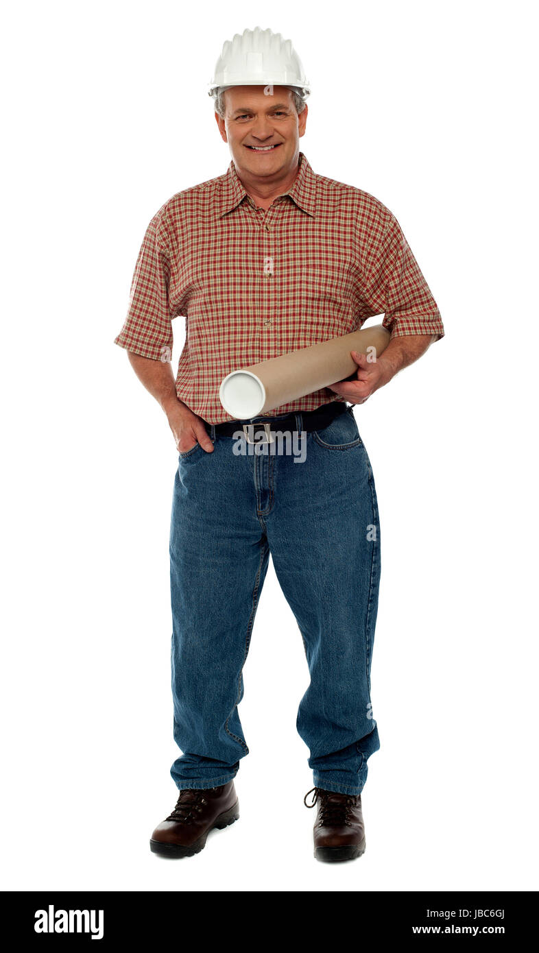 Smiling architect posing with blueprints, full length portrait Stock ...