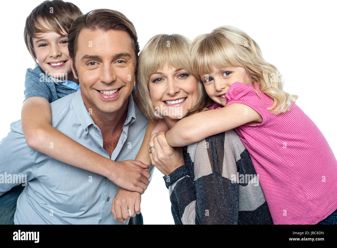 Happy family of four members posing together isolated on white ...