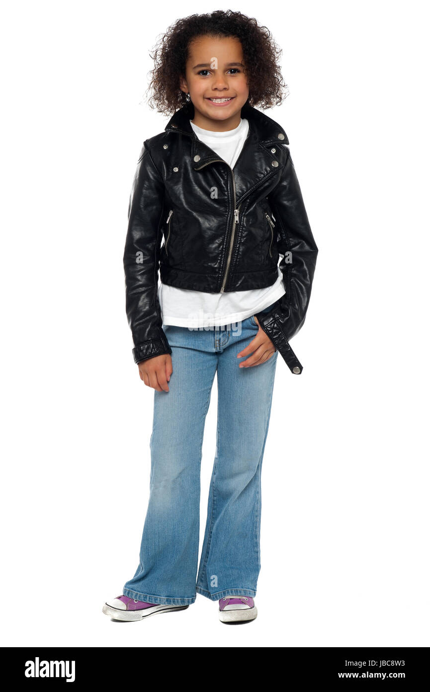 Charming young girl in bikers leather jacket. Casual studio shot Stock ...