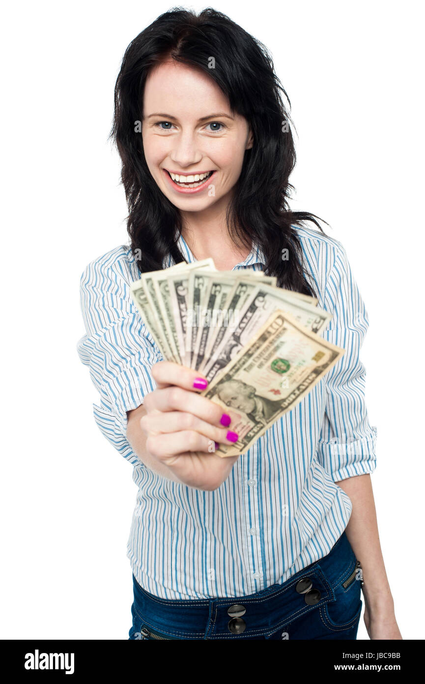 Smiling woman with cash isolated on white background Stock Photo - Alamy
