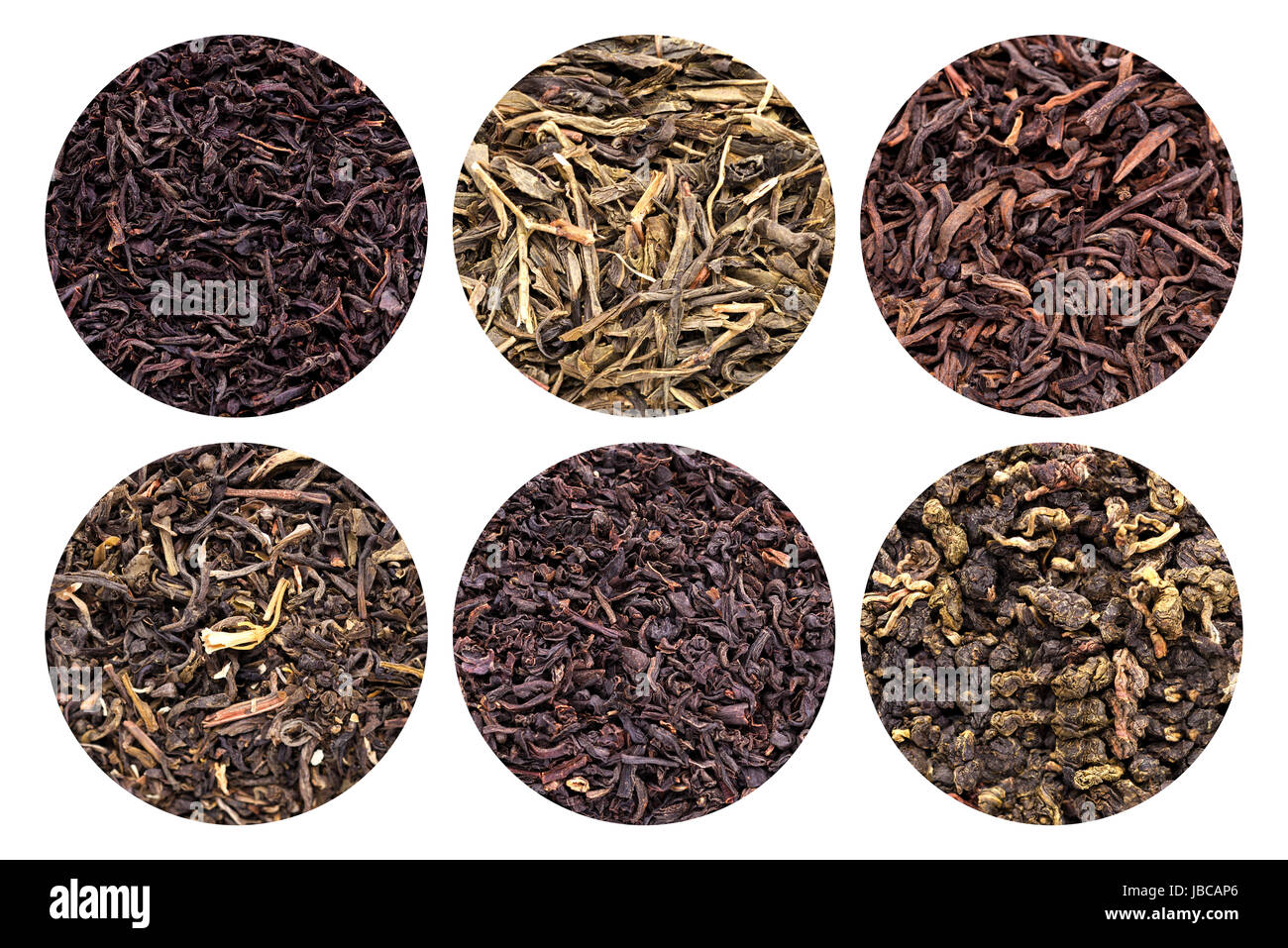 Collection of 6 different tea types isolated on white background Stock ...