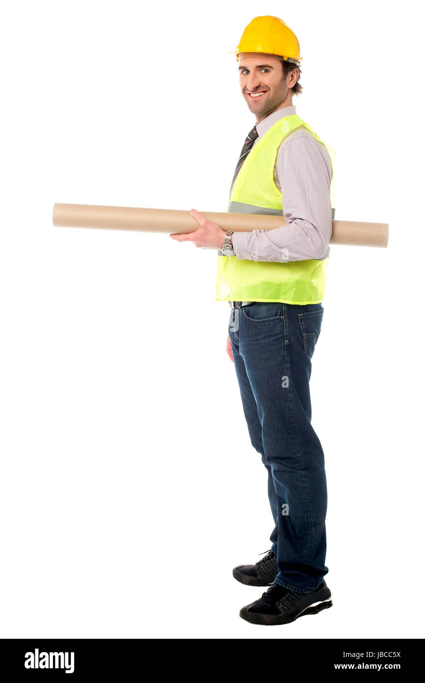 Happy civil engineer holding blueprint Stock Photo - Alamy