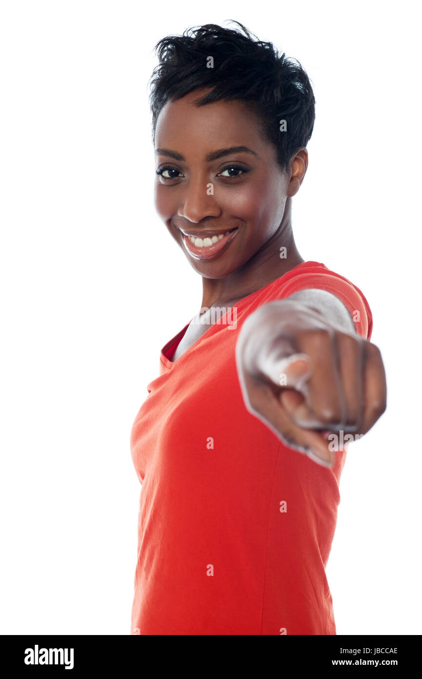Casual woman pointing towards you Stock Photo - Alamy