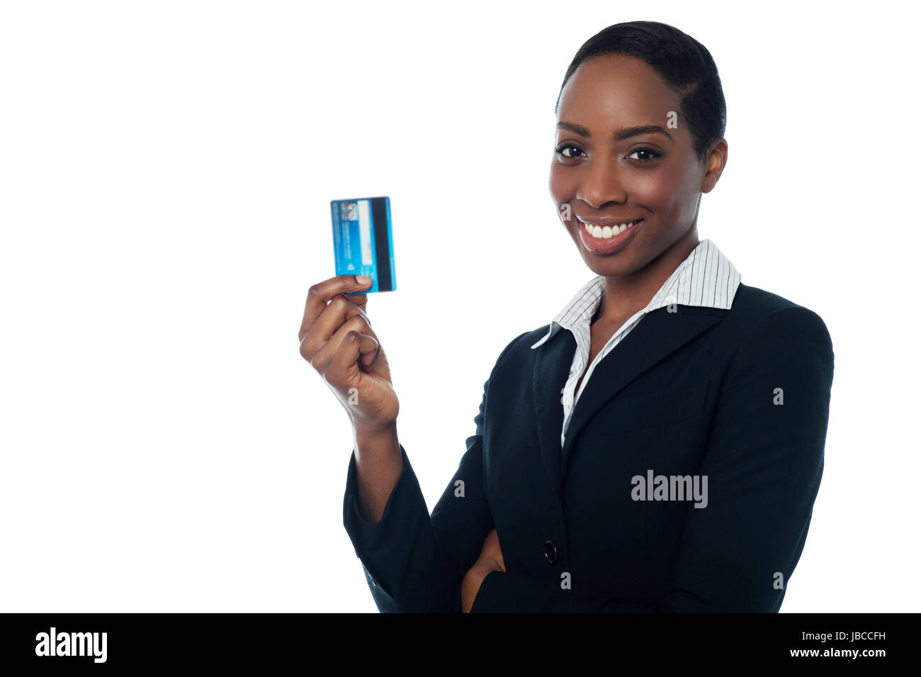 Corporate lady holding up credit card Stock Photo - Alamy