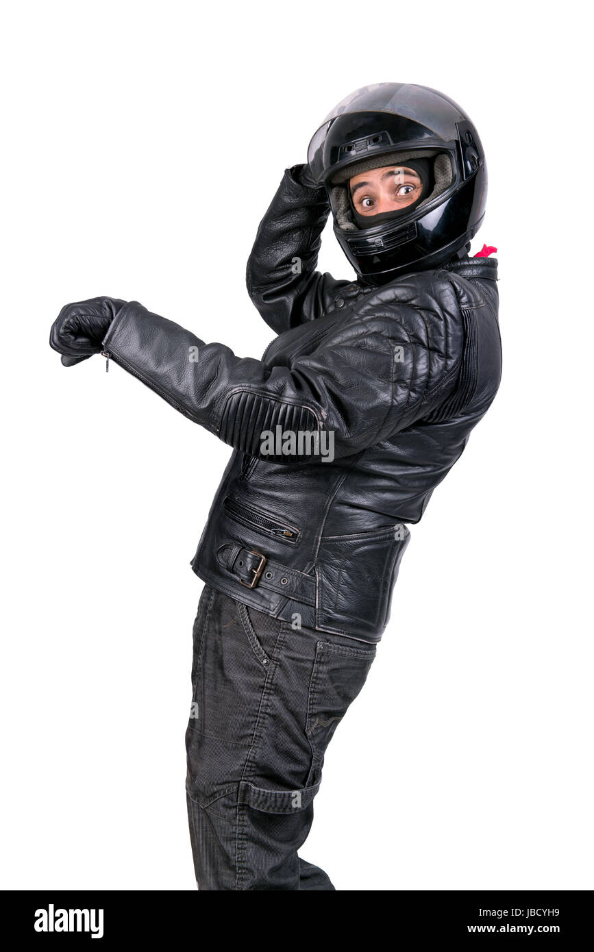 Biker in leather jacket with helmet isolated in white Stock Photo - Alamy