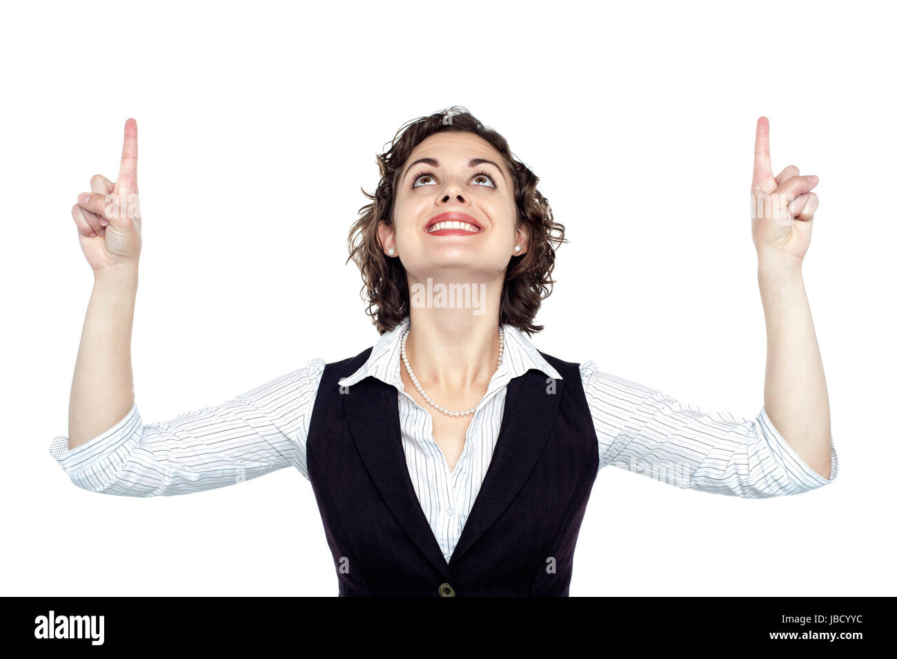 Pretty corporate lady looking and indicating upwards. Isolated on white ...