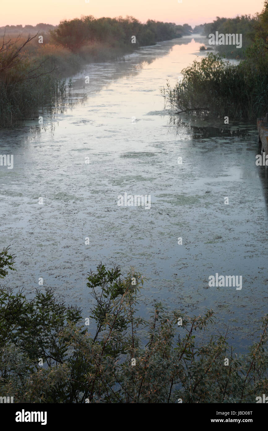 Sunrise at an old carp pond in the Danube river delta in Romania Stock ...