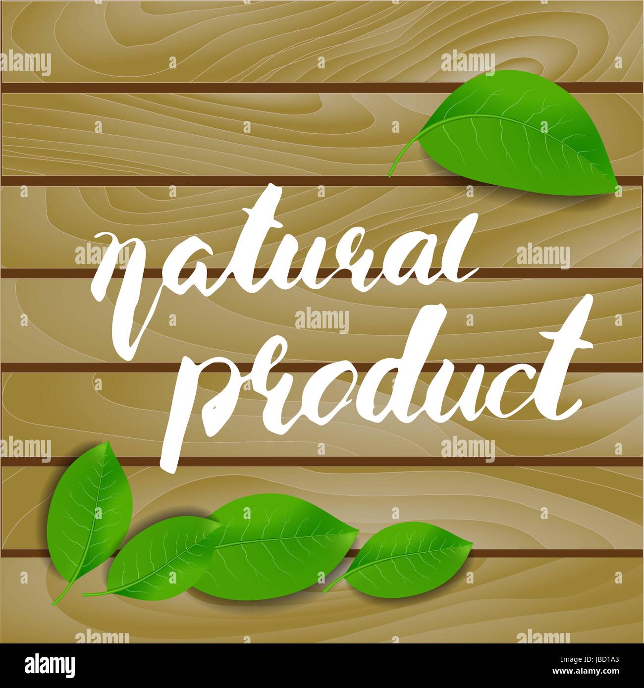 Natural product handwritten phrase on wood background. Vector ...