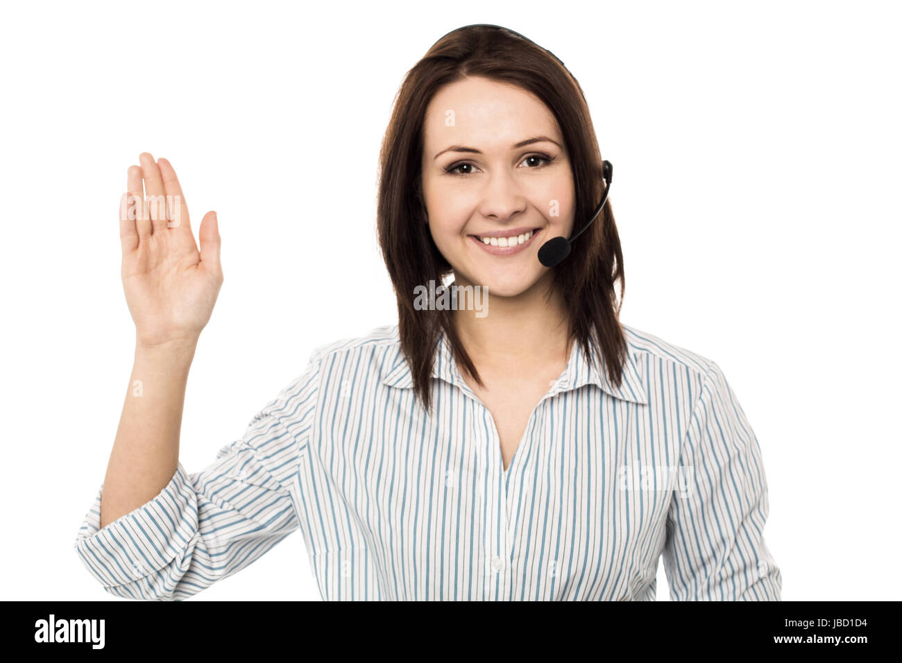 Pretty female executive raising her hand up Stock Photo - Alamy