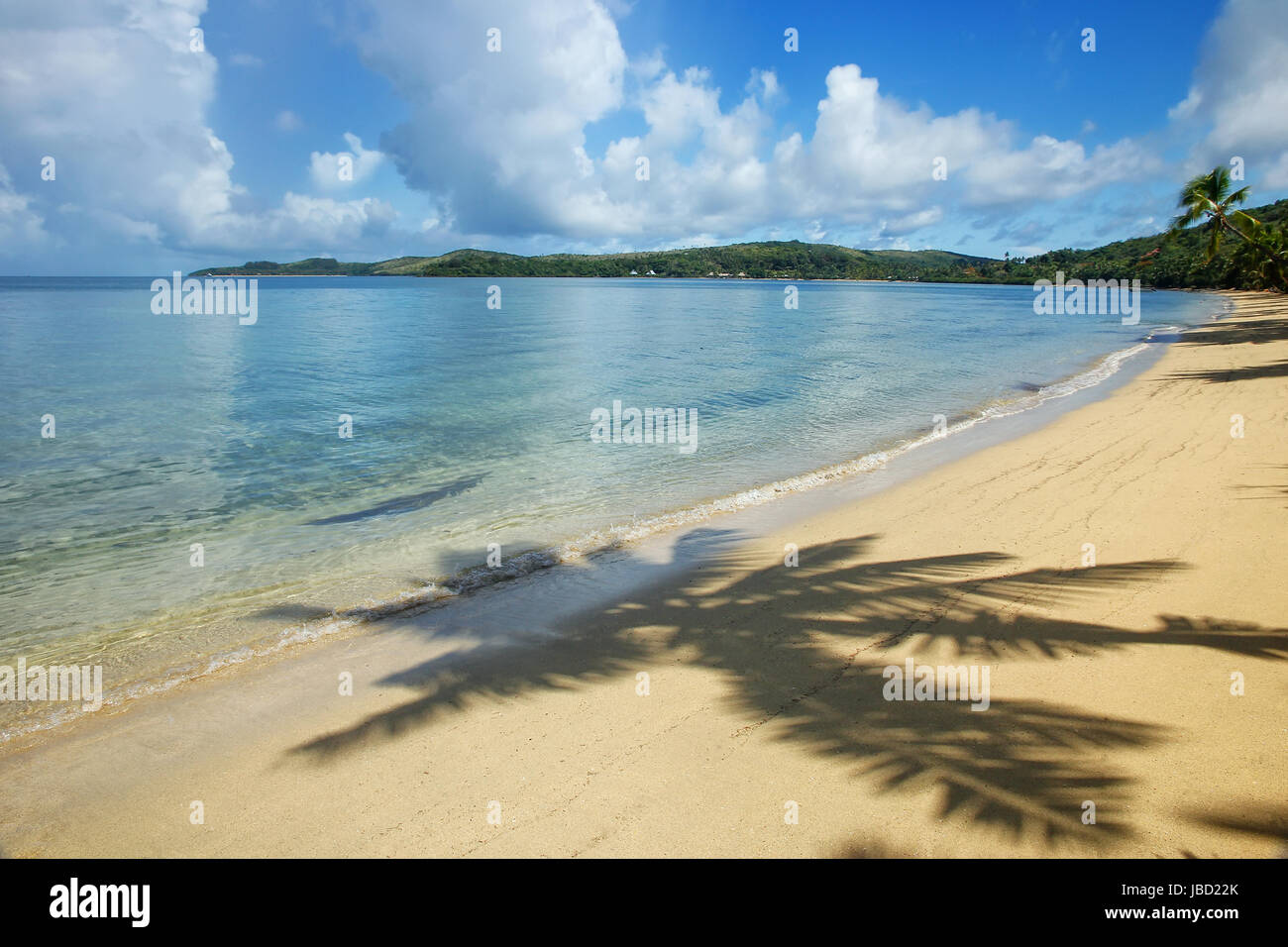 Sandy beach with a shadow of a palm tree, Nananu-i-Ra island, Fiji ...