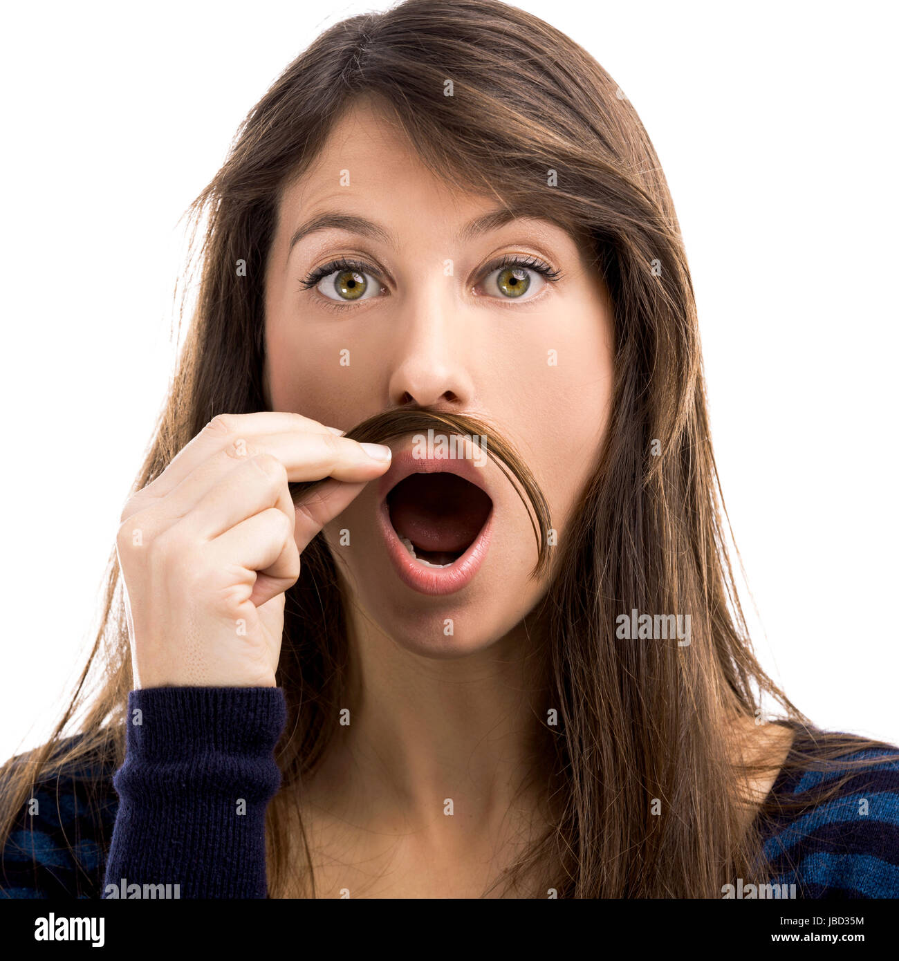 Portrait of a funny woman making a moustache with her own hair Stock ...