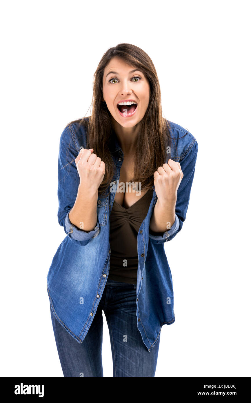 Happy woman with the achieved success, isolated over white background ...