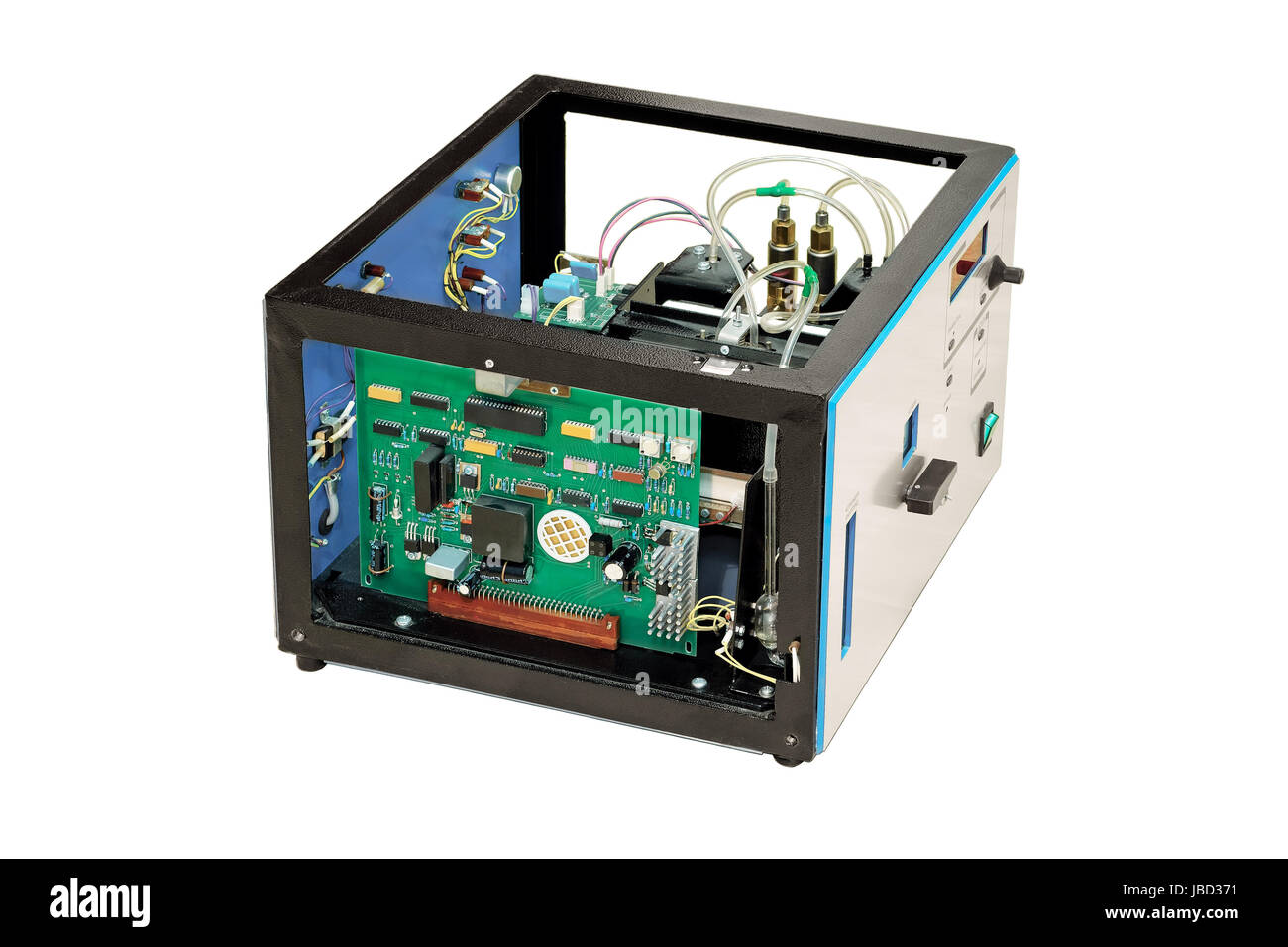 Laboratory equipment, dismantled electronics, isolated on white ...