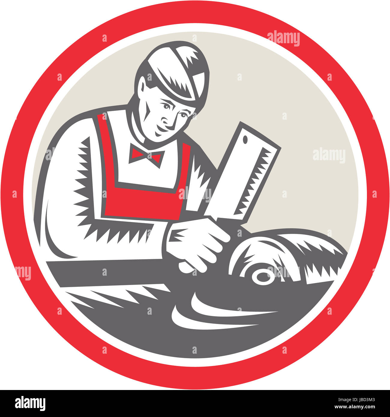 Illustration of a butcher cutter worker with meat cleaver knife facing ...