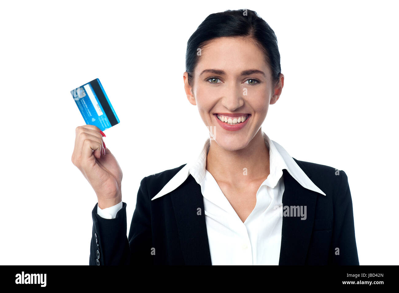 Smiling corporate woman holding up credit card Stock Photo - Alamy